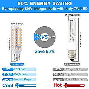 E12 LED Bulb Dimmable 7W C7 Bulb Equivalent to E12 Halogen Bulb 60W, Warm White 3000K T6 E12 Candelabra Bulb 60 Watt for Ceiling Fan, Chandelier Lighting, AC120V Kx-2000 Bulbrite Replacement (6 Pack)