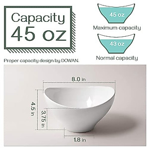 DOWAN 8 Inch Large Salad Bowls, 45 Oz Ceramic Serving Bowls, White Deep Bowls Set for Salad, Pasta, Soup, Ramen, Popcorn, Noodle, Pho, Gifts for Christmas,Set of 2