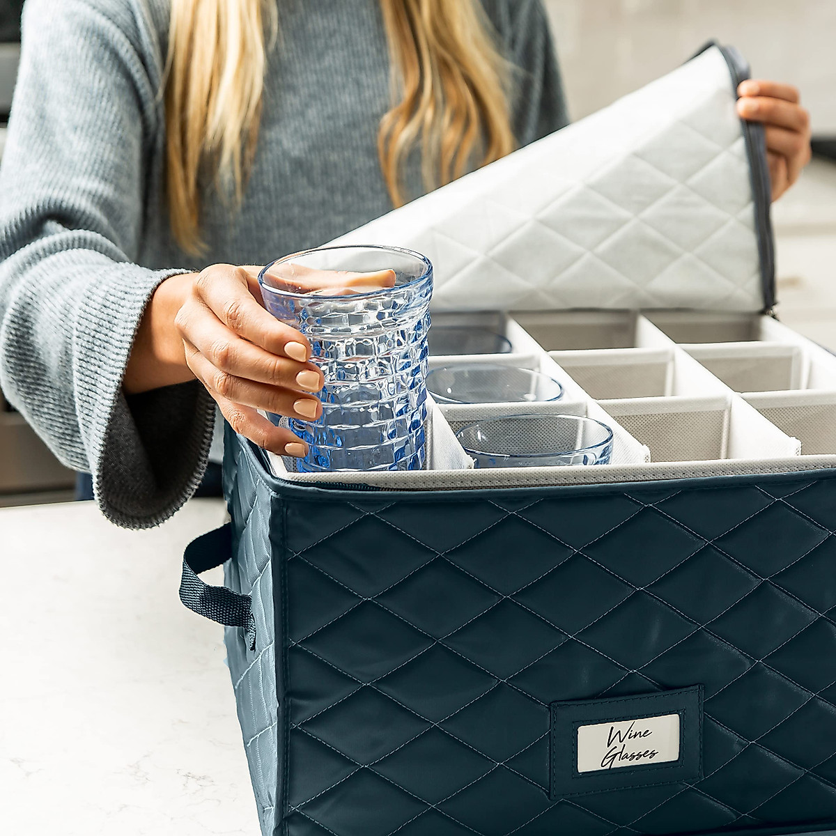 Teemto China Storage Containers Quilted. 7PC Dishes Storage Kit with 48 Cut-to-Size Felt Inners. Fine China Storage, Plate Platter Storage, Glass and Dish Storage, Crystal Stemware, Moving Supplies