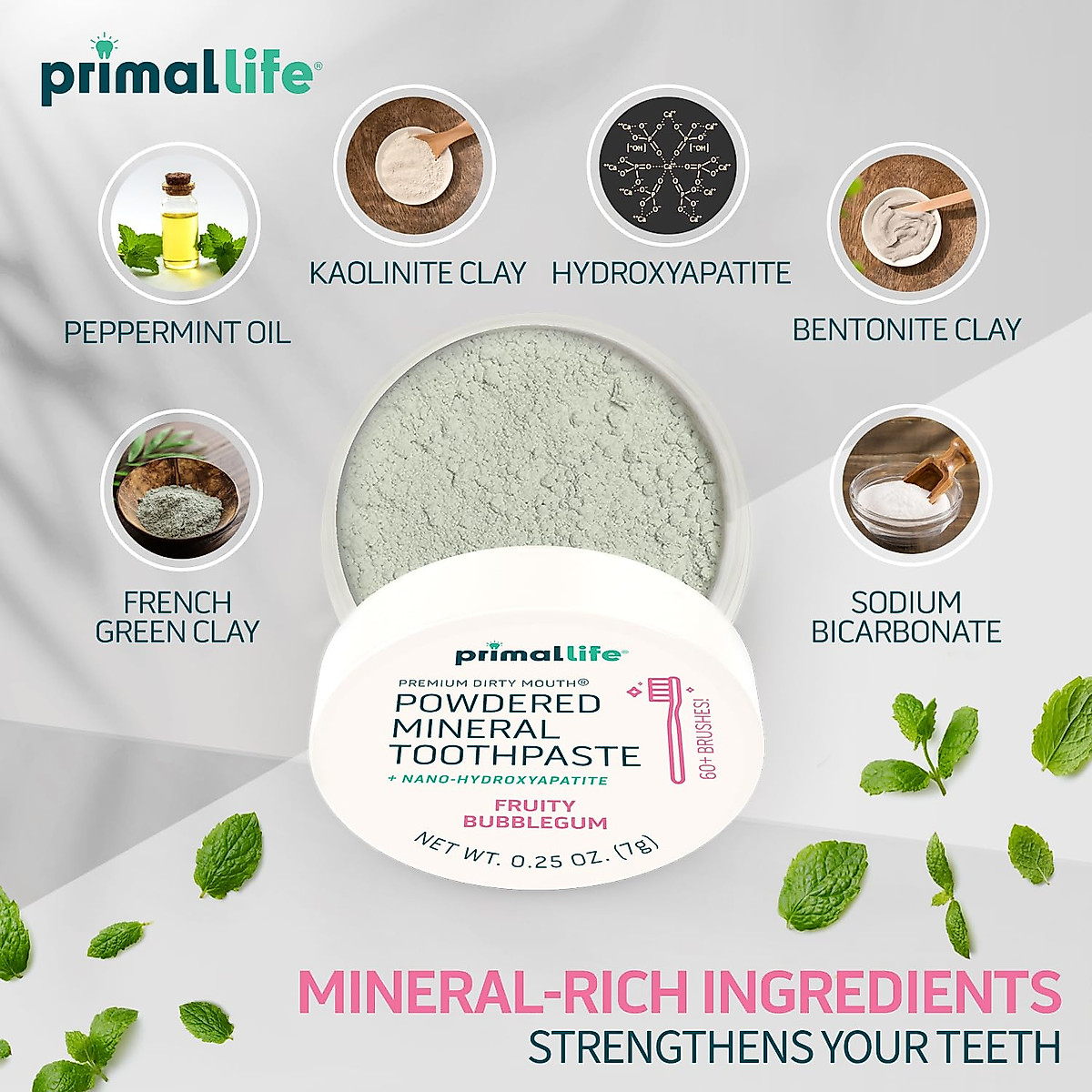 Primal Life Organics - Dirty Mouth Toothpowder, Tooth Cleaning Powder, Flavored Essential Oils with Natural Kaolin & Bentonite Clay, Good for 200+ Brushings, Organic, Vegan (Sweet Bubblegum, 0.25 oz)
