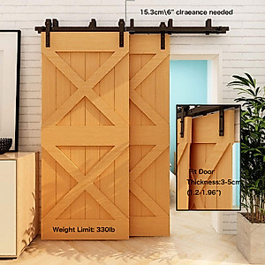 CCJH 9FT Bypass Sliding Barn Door Hardware Kit Double Track Low Ceiling Heavy Duty for Double Wooden Doors, Basic Hanger