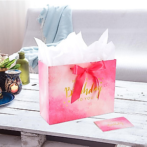 Nihuecne 13" Large Birthday Gift Bag with Card and Tissue Paper, Big Pink and Gold Birthday Wrap Paper Gift Bag with Satin Ribbon Handles for Girls and Women's Birthday Party