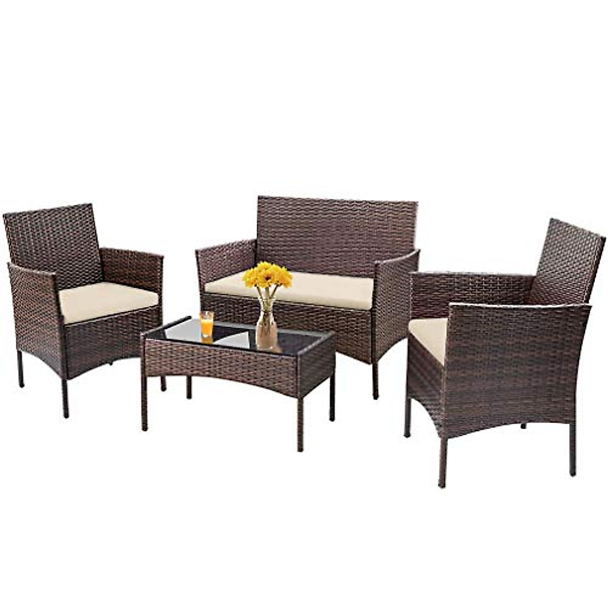Patio Furniture Set 4 Piece Outdoor Wicker Sofas Rattan Chair Wicker Conversation Set Coffee Table Bistro Sets for Pool Backyard Lawn (Brown)