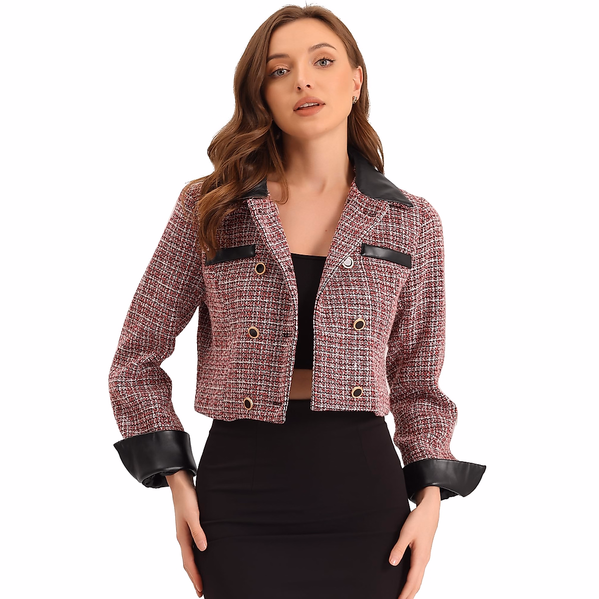 Allegra K Tweed Plaid Blazer for Women's Contrast Collar Double Breasted Vintage Cropped Jackets X-Large Red