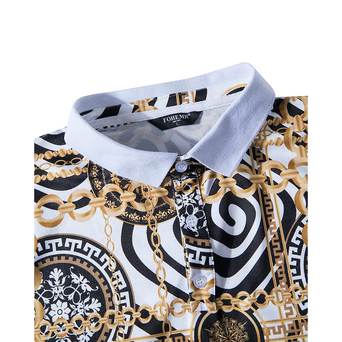 fohemr Mens Luxury Polo Shirts Gold Short Sleeve Baroque Chain Print Casual Golf Wicking T-Shirt White X-Large