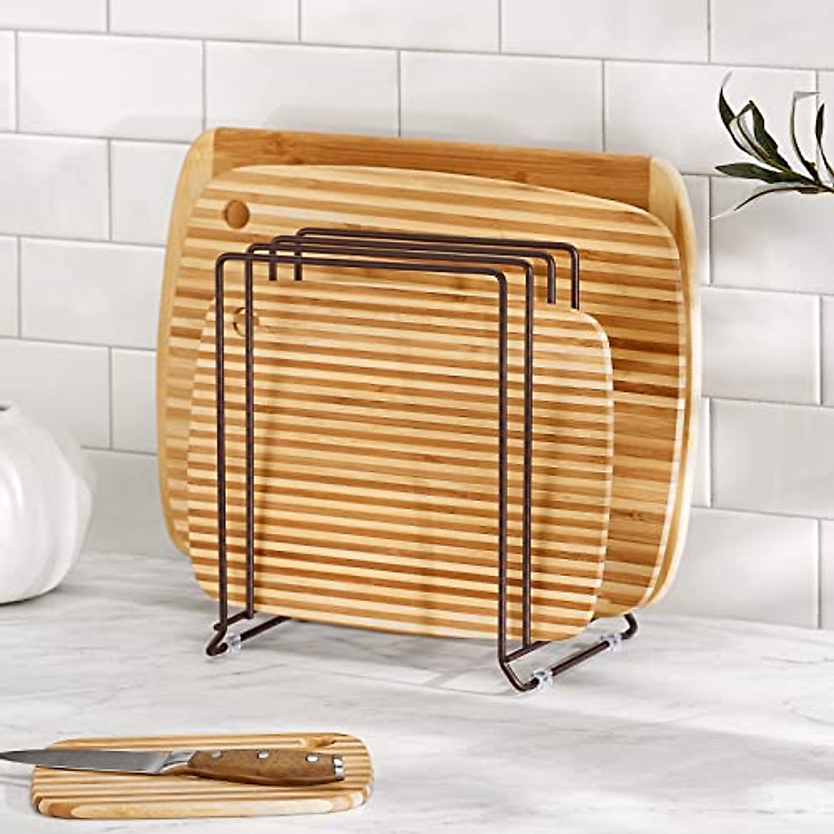 mDesign X-Large Steel Storage Tray Organizer Rack for Kitchen Cabinet - Divided Holder with 5 Slots for Skillets, Frying Pan, Pot Lids, Cutting Board, Baking Sheets - Concerto Collection - Bronze 7.2 inch D x 9.4 inch W x 10.9 inch H