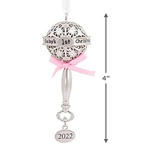 Hallmark Premium Baby's First Christmas Silver Baby Rattle with Pink Ribbon 2022 Metal Ornament with Queen of the Castle Satin Gift Bag
