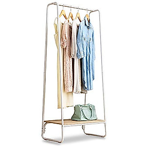 IRIS USA Garment Rack with Wooden Shelf, Clothes Racks for Closet Organization, Plant Stand, Frost White