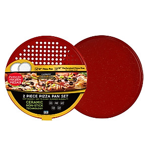 casaWare 2pc Ultimate Pizza Pan Set, (1) Ceramic Coated NonStick 12-inch Pizza Pan, (1) 12-inch Ceramic Coated NonStick Perforated Pizza Pan (Red Granite)