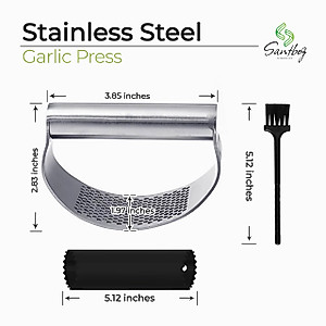 Garlic Press Stainless Steel with Garlic Peeler, Extract More Garlic Paste Per Tooth. Garlic Mincer Tool with Peeler, Equeeze, Estract, Crusher and Press the Garlic Easy and Fast. (Metal, Silver)