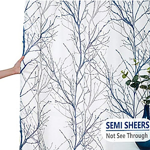 FMFUNCTEX Print Blue White Semi-Sheer Curtain Panels for Bedroom 63” Grey Tree Branch Printing on Linen Textured Window Treatment Set for Living Room Draperies 50”w 2-Pack