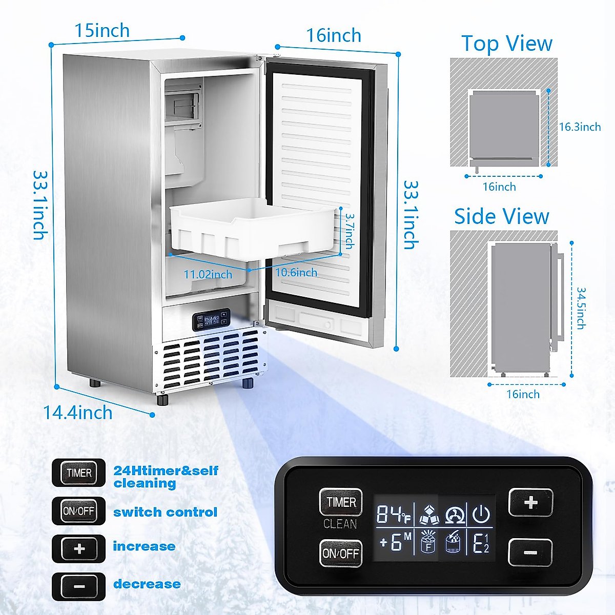 COWSAR Commercial Ice Maker Machine, Nugget Ice, 66lbs/24H Stainless Steel Under Counter Ice Maker, Self-Clean&24H Timer, Commercial Nugget Ice Machine with LCD Display, Ideal for Bar/Cafe/Restaurant