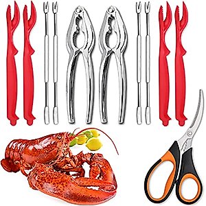 11-piece Seafood Tools Set includes 2 Crab Crackers, 4 Lobster Shellers, 4 Crab Leg Forks/Picks and 1 Seafood Scissors - Nut Cracker Set