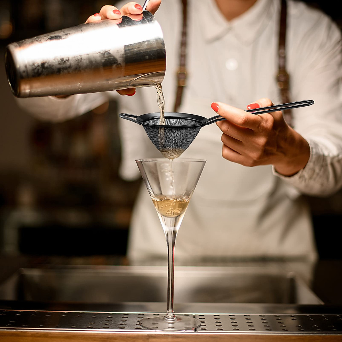 TeamFar Fine Mesh Strainer, 3.3 Inch Stainless Steel Tea Cocktail Coffee Flour Strainer with Long Handle for Kitchen Bar, Small Conical Cone Mesh Strainer, Non-Toxic & Easy Clean, (Set of 2, Black)