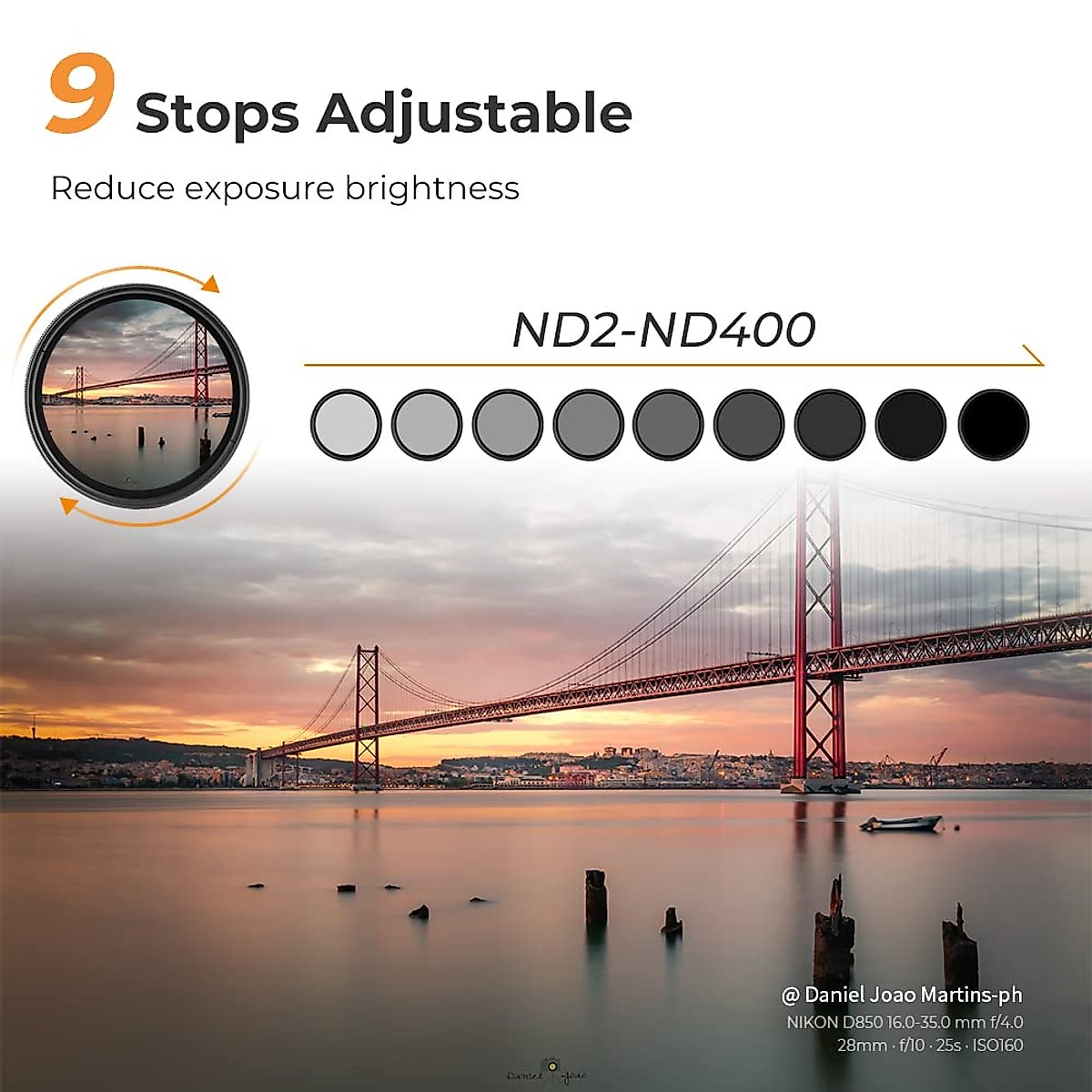 K&F Concept 72mm Variable ND Lens Filter ND2-ND400 (1-9 Stops) 18 Multi-Layer Coatings Adjustable Neutral Density Ultra Slim Lens Filter for Camera Lens (K-Series)