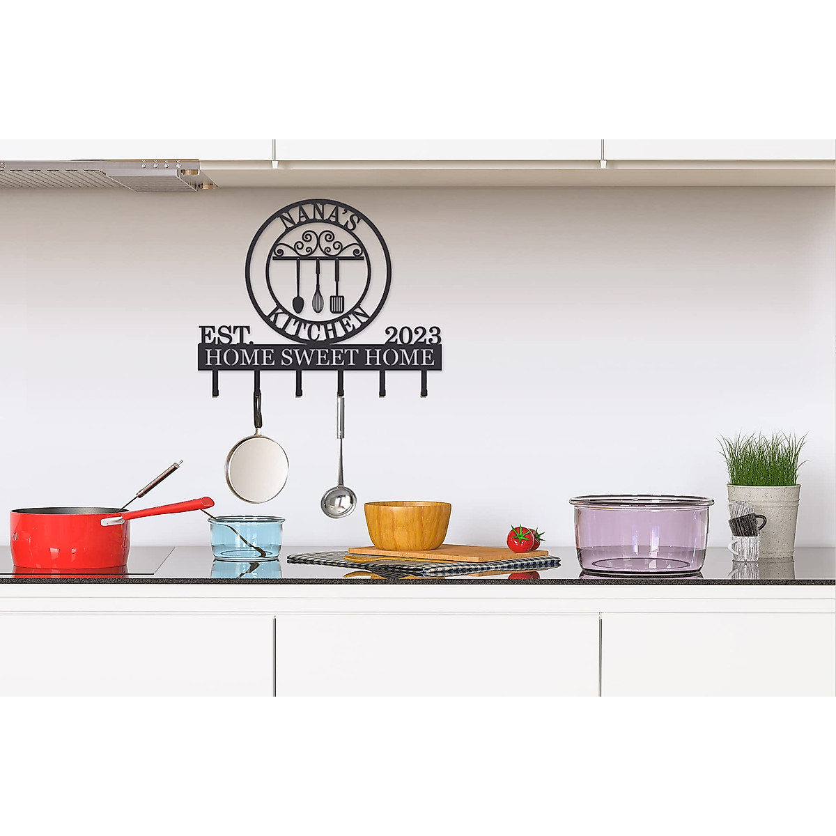 Kitchen Utensil Rack with Custom Name, Farmhouse Kitchen Utensil Holder, Personalized Metal Kitchen Utensil Hanger, Kitchen Utensil Organizer for Wall, Hooks for Kitchen Utensils
