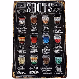 Cocktail Shots Menu Retro Vintage Bar Metal Tin Sign Poster Style Wall Art Pub Bar Decor 20 X 30 cm