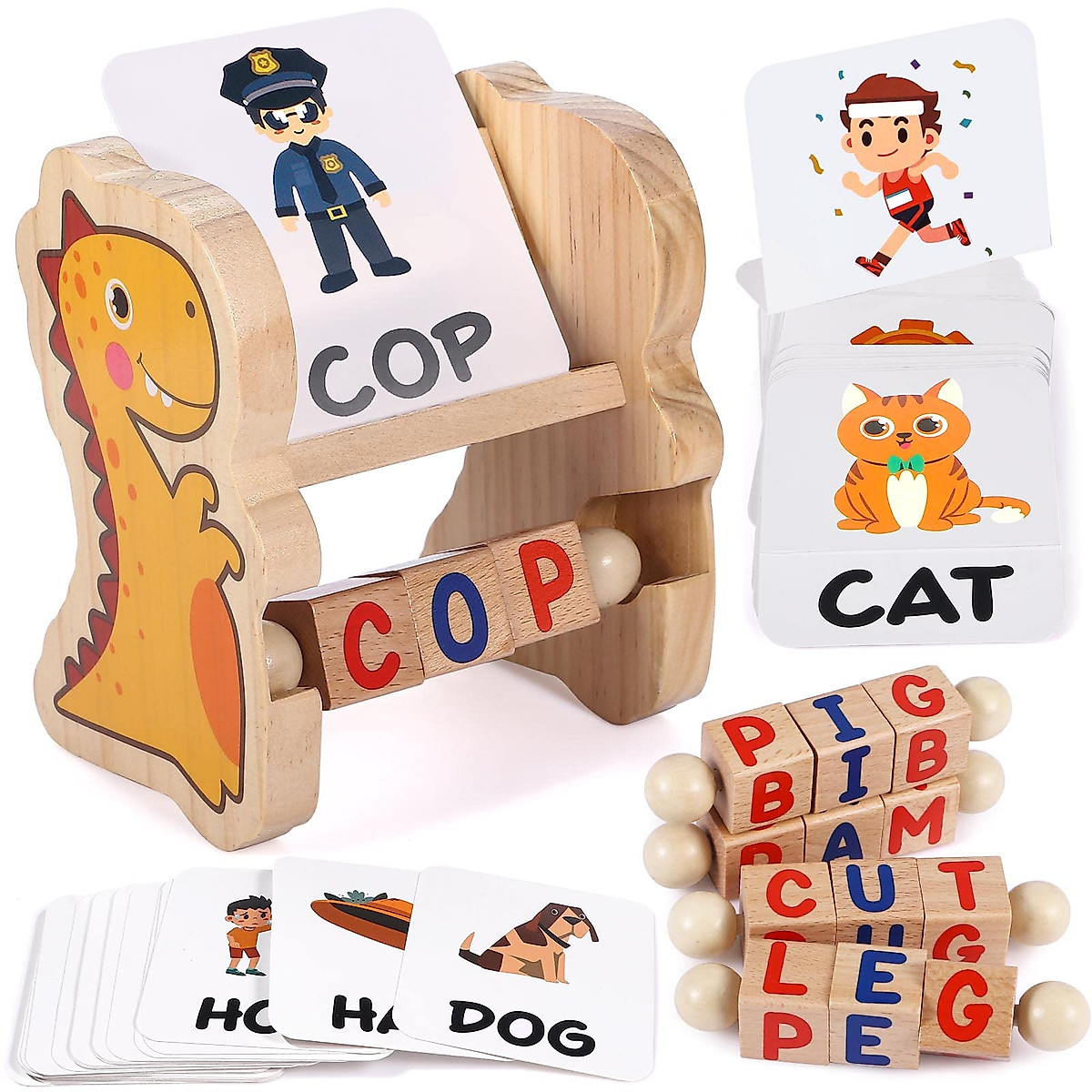 Atoylink Wooden Reading Blocks Spelling Games with Sight Word Flash Cards Turning Rotating Letters Dinosaur Toy Preschool Spinning Alphabet Matching Letter Montessori Learning Toys for Kids Boys Girls