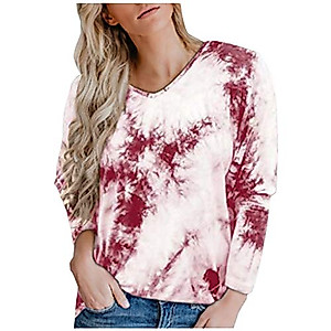 Women's Fashion Casual Tie-Dye Crewneck Knot Long Sleeve Loose Pullover Tops Red