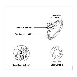 JewelryPalace Classic 6.5mm 1ct Moissanite Solitaire Engagement Rings for Women, 925 Sterling Silver Promise Ring for Her, Round Cut Simulated Diamond Anniversary Wedding Rings D-E Size 6