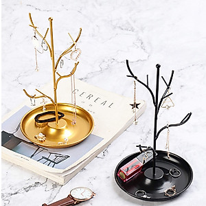 ChezMax Jewelry Display Necklace Earring Organizer Holder Metal Birds Tree Stand with Tray Antique Bracelet Rings Rack Tower Decoration for Women Girl Gold 9.4 Inch