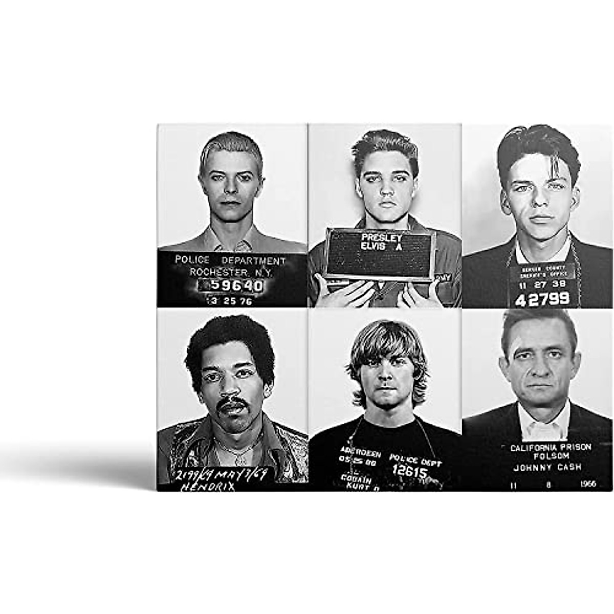 Kurt Cobain, Elvis Presley, Jimi Hendrix, David Bowie, Frank Sinatra, Johnny Cash Poster Canvas Framed, Celebrity Mugshot Poster, Mugshot Wall Art (16"x20")