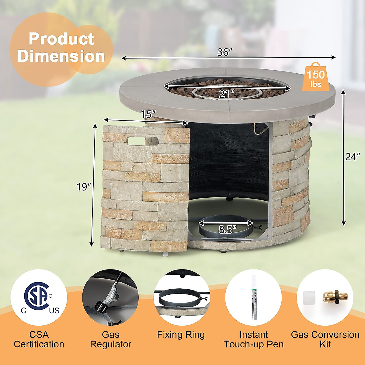 Tangkula 50,000 BTU Propane Gas Fire Pit Table, Patiojoy 36” Round Propane Firepit with Removable Lid, Volcanic Rock & PVC Cover, Outdoor Fire Pit Table with Faux Stone Surface for Patio, Backyard