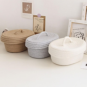 Cotton Rope Storage Basket with Lid,Desktop Storage Box,Multifunctional Handmade Oval Woven Basket,Sundries Storage Basket,Lidded Woven Storage Bin for Makeup Sundries Snack Needles(Grey)