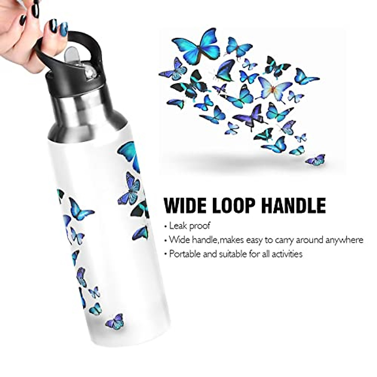 Kcldeci Blue Butterfly Sports Water Bottle 20 Oz Straw Lid Leak Proof Vacuum Insulated Stainless Steel Water Bottles Hot Cold Double Walled Thermo Mug Tumbler Travel Cup