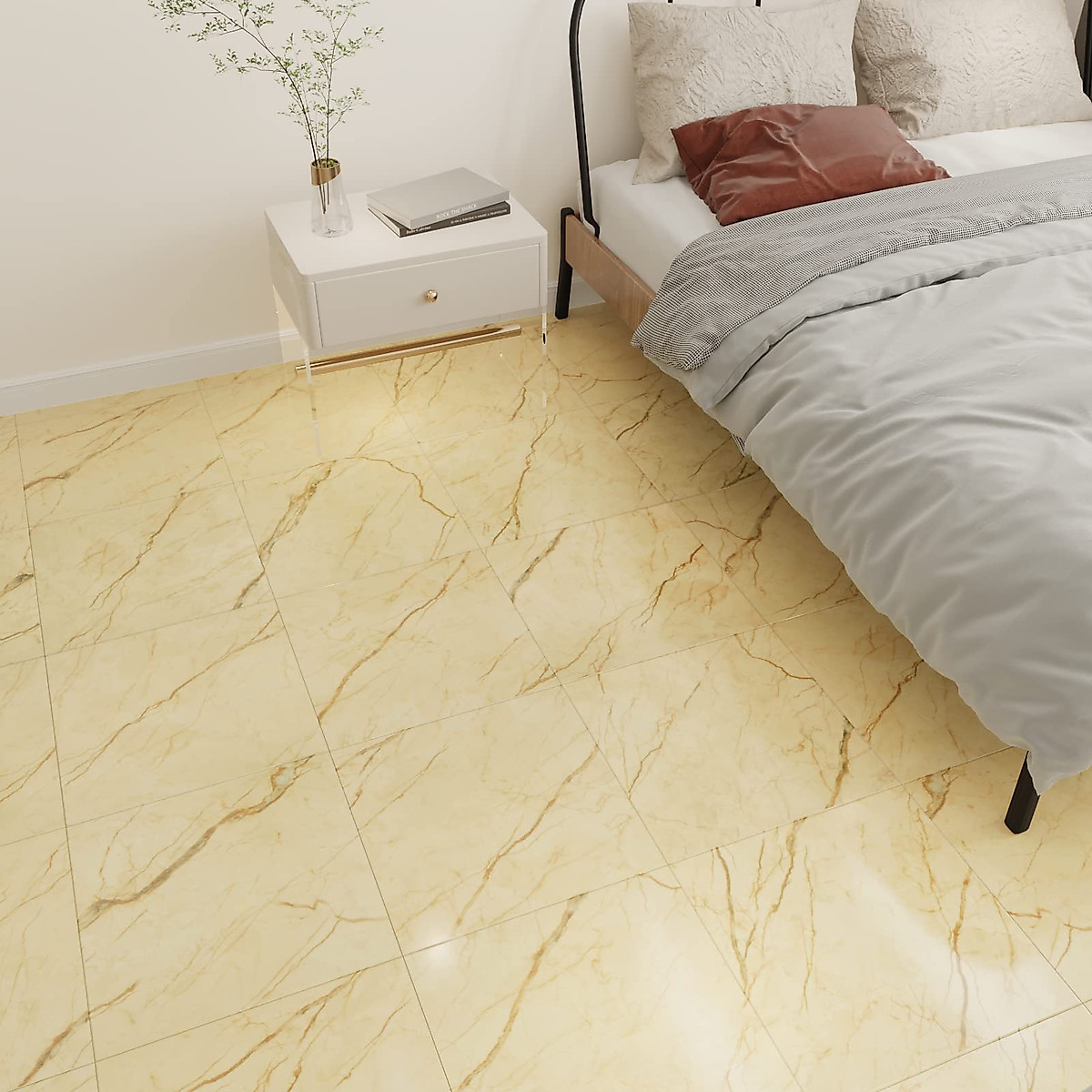WESTICK Peel and Stick Waterproof Floor Tile Yellow Marble Floor Tiles Bathroom Flooring Tiles Peel and Stick Tiles for Floor Self Adhesive Removable Vinyl Flooring Kitchen Bedroom 12 x 12 in 5 PCS