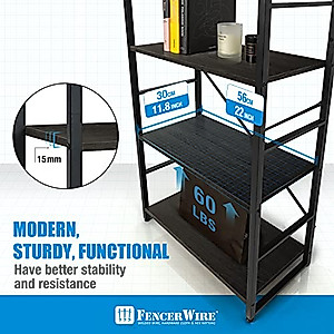 Fencer Wire 4 Tier Free Standing Shelf, 24 Inch Width Bookshelf, Bookcase Shelf Storage Organizer, Industrial Book Shelves for Home Office, Living Room, Kitchen, Black Wooden Shelves & Metal Frame
