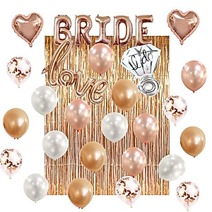 Bridal Shower Bachelorette Party Decorations Kit Rose Gold – 1 Fringe Curtain, 1 Bride Balloon, 1 Love Balloon, 1 Ring Balloon, 2 Heart Balloons, 5 Rose Gold 5 Blush Pink 5 White 5 Confetti Balloons