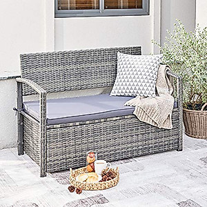 VIFAH V1924 Gabrielle All-Weather Resin Wicker Lounge Patio Sofa Storage Bench in Grey with Cushion, Gray