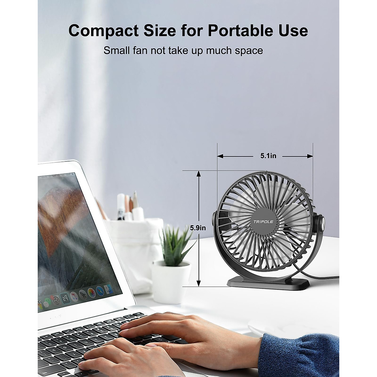 TriPole Small Desk Fan USB Powered Portable Fan 3 Speeds Strong Airflow Mini Fan 360°Rotation Personal Fan 5.1 Inch Table Fan for Home Office Bedroom Desktop, Black, 4.9ft Cable