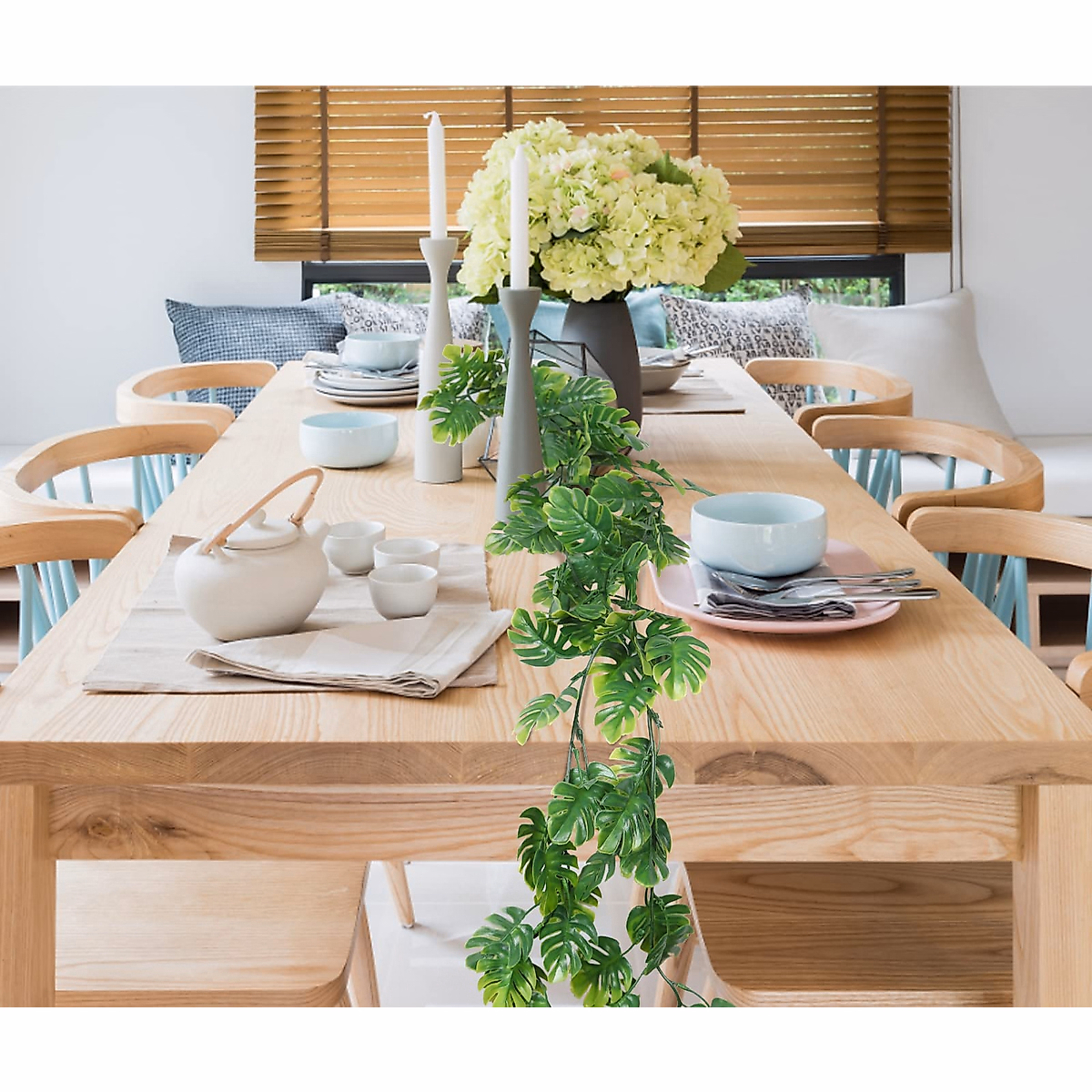 RECUTMS 4Pcs Artificial Monstera Leaves Vines, 5.9FT Fake Hanging Plant Ivy Faux Tropical Palm Leaf Greenery Garland for Garden Porch Patio Jungle Luau Beach Birthday Party Indoor Outdoor Spring Décor