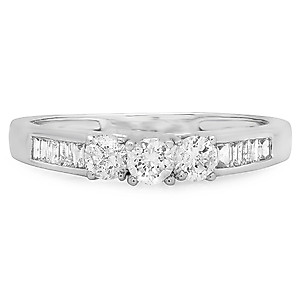 Dazzlingrock Collection 0.55 Carat (ctw) 14K Round & Baguette Diamond 3 stone Engagement Ring 1/2 CT, White Gold, Size 7