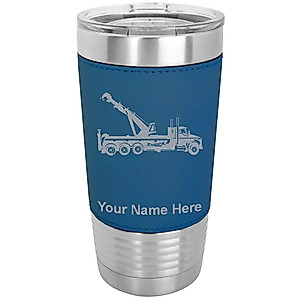 LaserGram 20oz Vacuum Insulated Tumbler Mug, Tow Truck Wrecker, Personalized Engraving Included (Faux Leather, Blue)