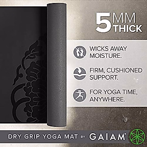 Gaiam Yoga Mat - Premium 5mm Dry-Grip Thick Non Slip Exercise & Fitness Mat for Hot Yoga, Pilates & Floor Workouts (68"L x 24"W x 5mm) - Black
