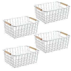 Aeggplant Kitchen Wire Baskets Farmhouse Decor Metal Food Storage Organizer,Household Refrigerator Bin with Built-in Handles for Cabinets, Pantry,Bathroom 4 Packs (white)