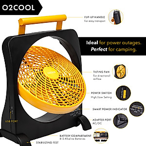 O2COOL 10-Inch Battery Operated Fan - Portable with Internal Rechargeable Battery, Multiple Power Options - AC/DC Adapter, USB Port for Emergencies, Camping, Travel, Indoor and Outdoor Use (Orange)