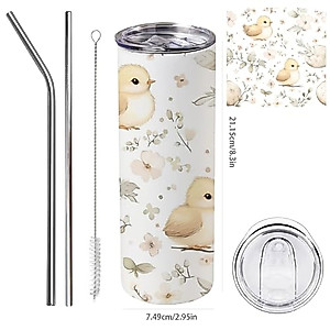 Tumbler with Lid and Straw Cartoon Bird and Flowers thermos coffee travel mugcute cups 20 oz insulated tumbler for Daily Holiday Decor Gift coffee cup
