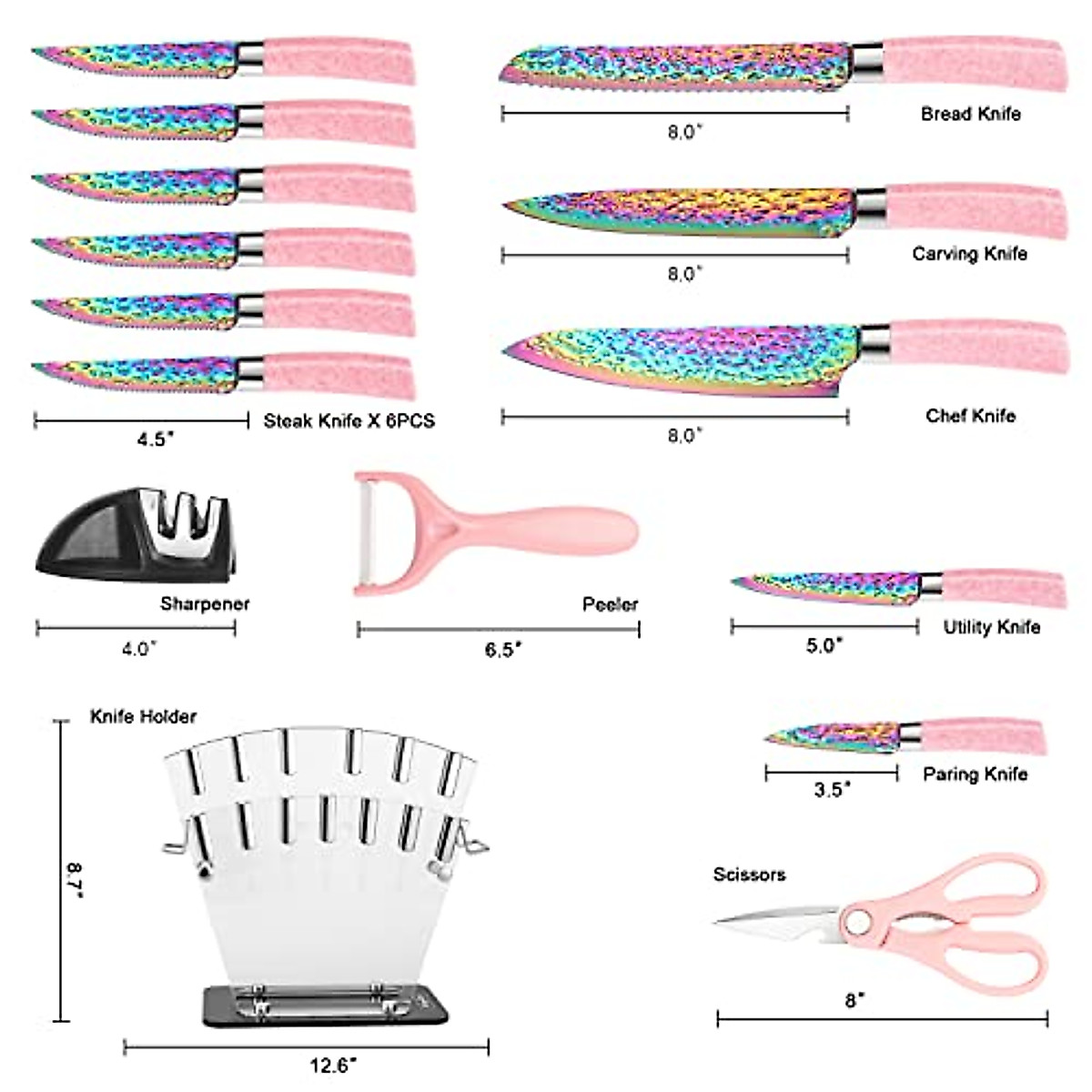 Rainbow Titanium Knife Set, Non Stick Thick and Sharp Stainless Steel Kitchen Knives Set with Acrylic Block, 15 Pcs Cutlery Knives Block Set, Chef Quality for Home & Pro Use, Best Gift, Pink Color
