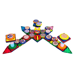 PicassoTiles 101 Master Builder Magnetic Building Block Toy Set Construction Magnet Tile Blocks Education Toys with 22 Optical Illusion Spinning Disk, 27 Gear Wheels and Engineering Columns PTW101