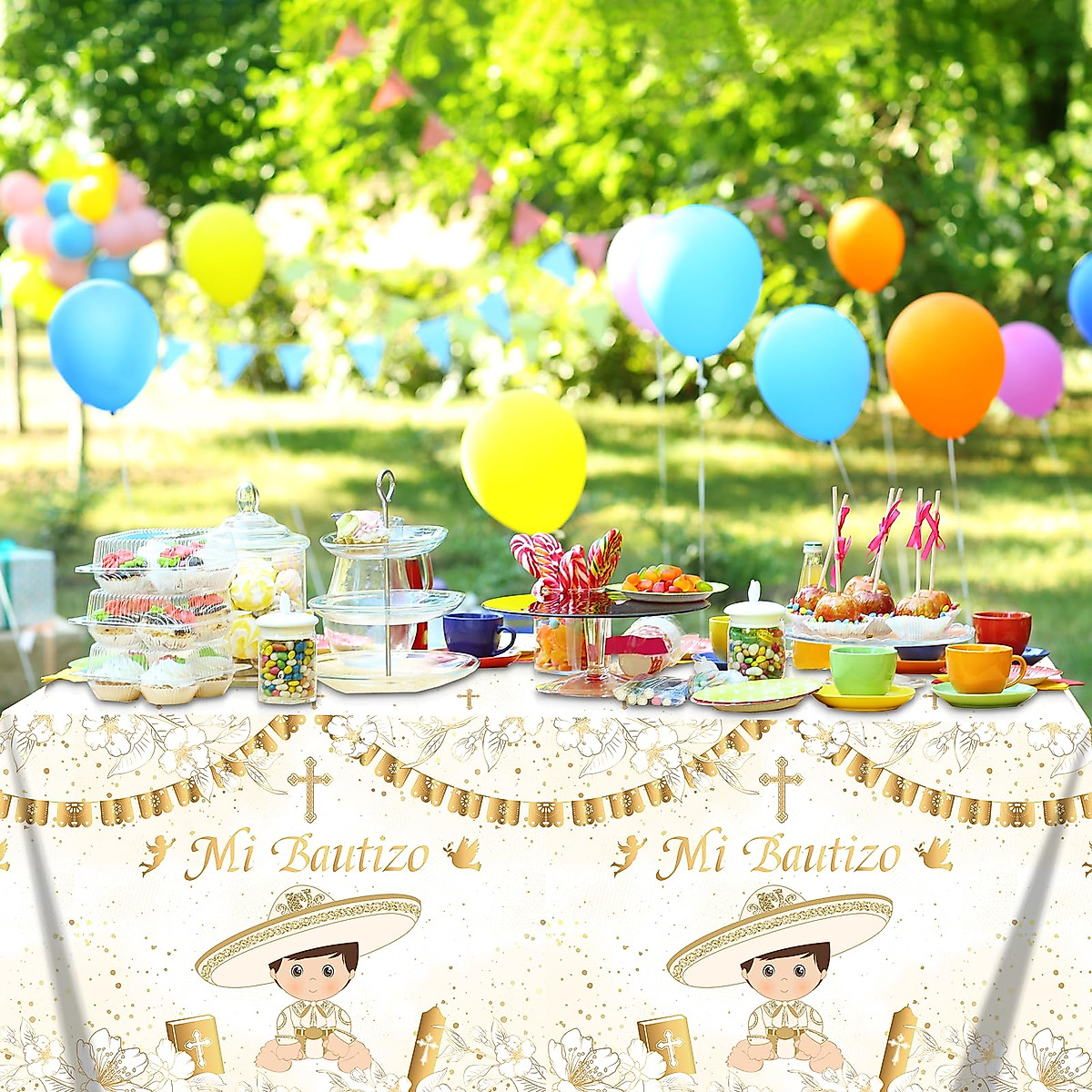 GREHUMOR Mi Bautizo Decoration-First Communion Tablecloth for Boy God Bless,Baptism Party Decoration Christening Party Supplies 2PC