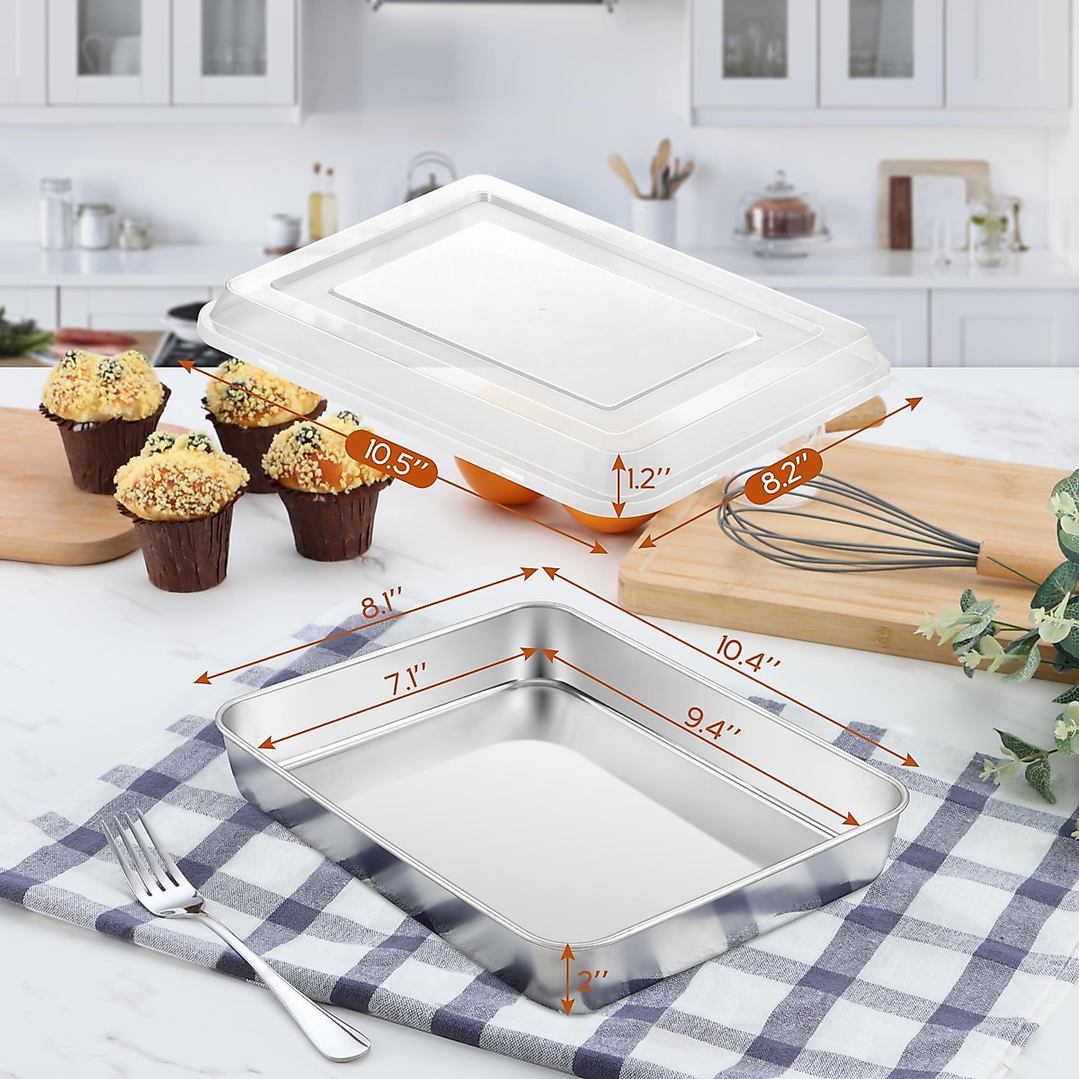 Onader 10⅜ x 8⅛ x 2 Inch Baking Pan with Lid 2 Pack Stainless Steel Lasagna Rectangular Cake Pan