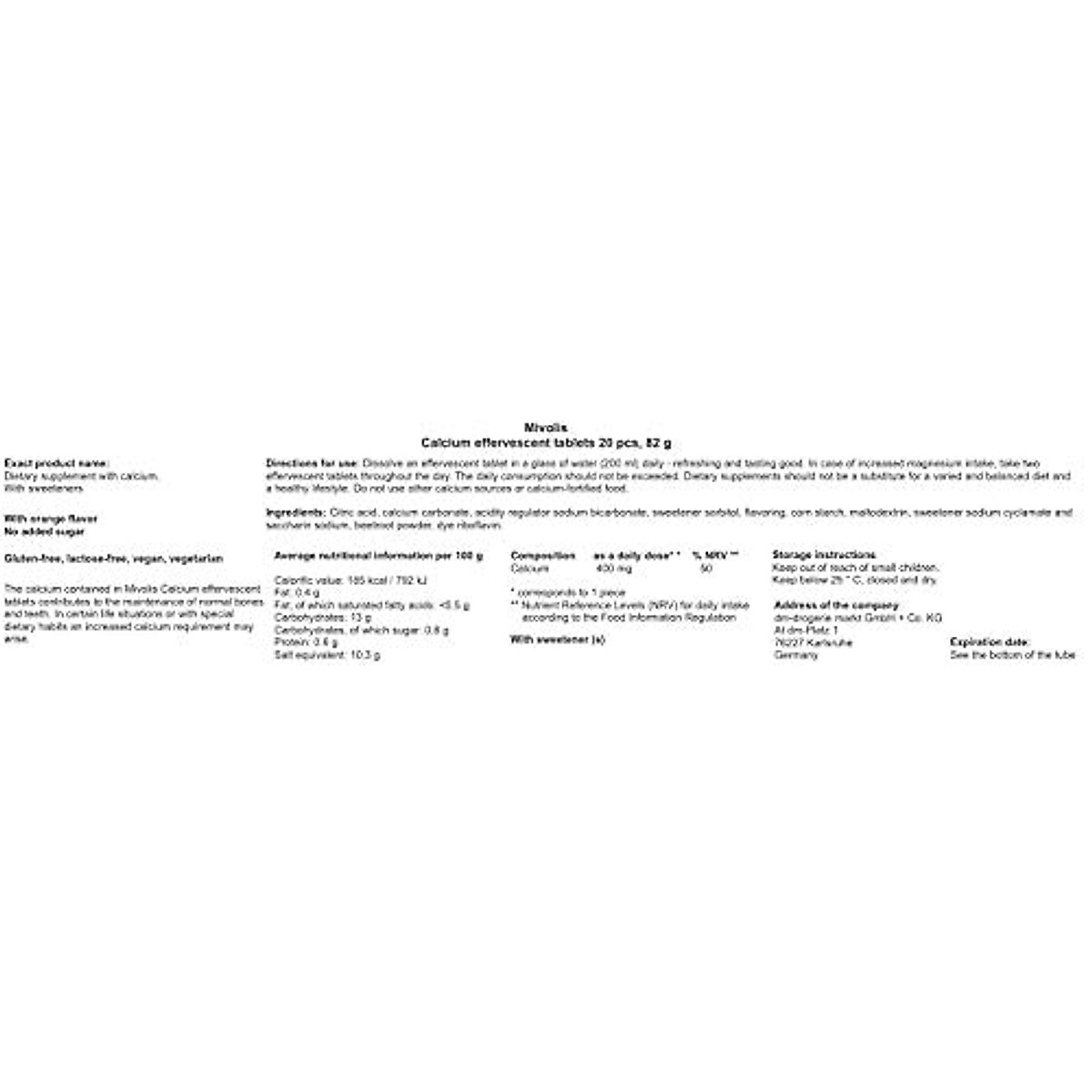 Mivolis Calcium effervescent Tablets - Dietary Supplements 4 Packs x 20 pcs | Germany