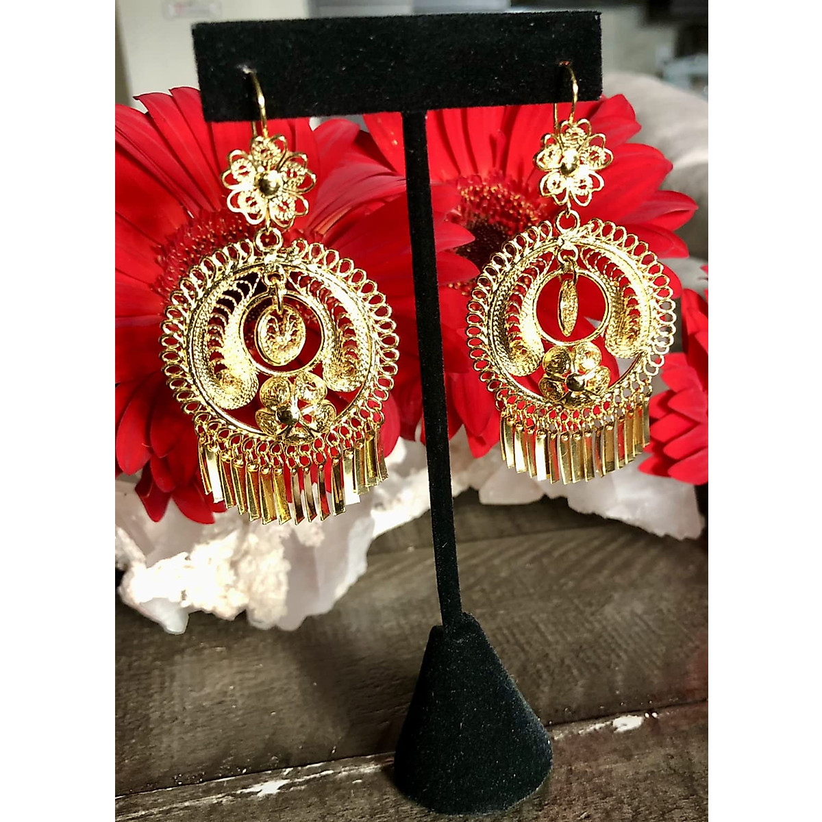 Folklorico Dance Traditional Mexican Gold Filigree Earrings, Flower, Medium, Gold, Day of the Dead, Mexican Earrings