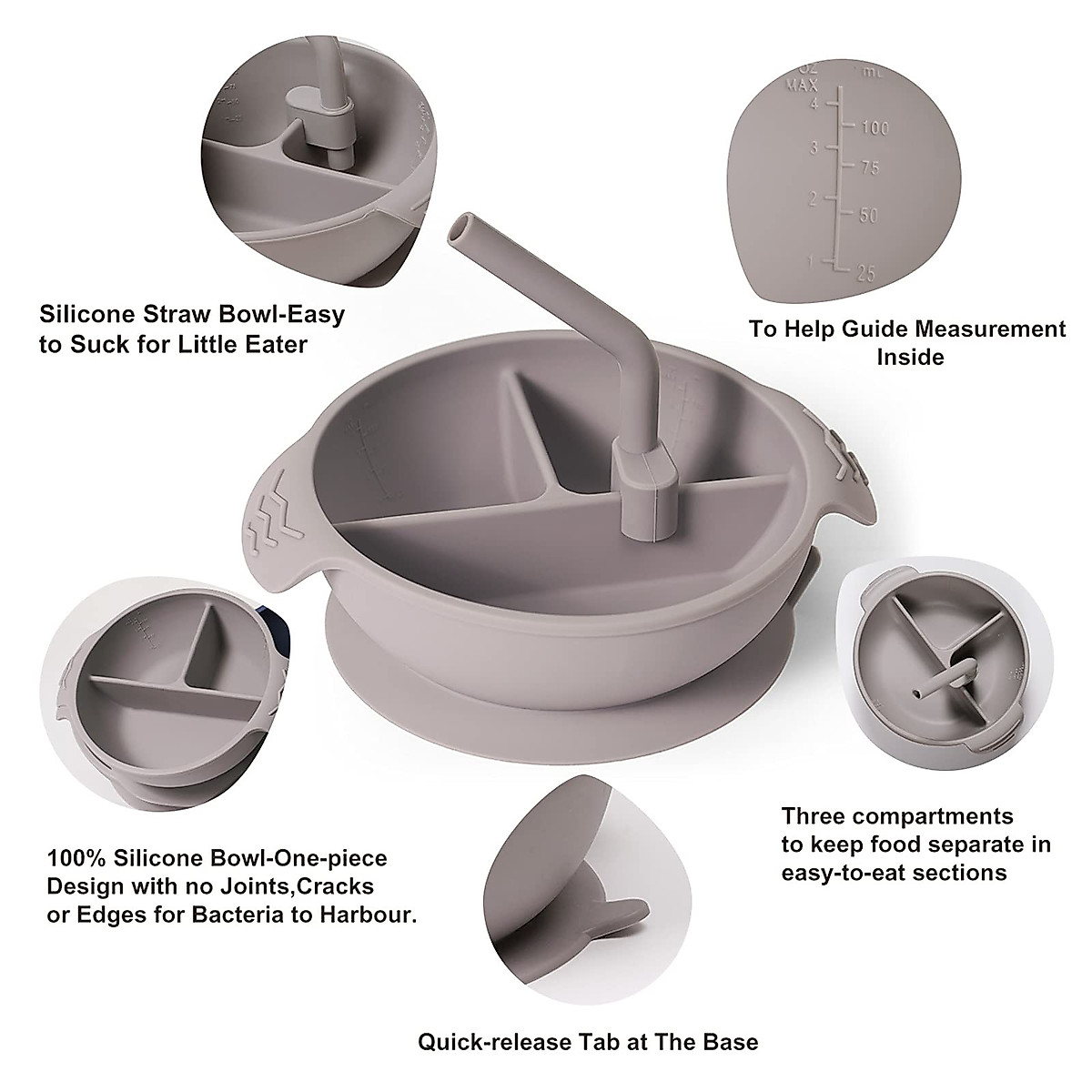 haakaa Silicone Divided Suction Bowl, Suction Plates For Babies and Toddlers - Divided Siicone Bowl For Baby Toddler Self-Feeding - Stay Put Bowl, Stone