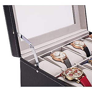 Knocbel 12 Slots Watch Box Organizer Jewelry Display Case with 1 Drawer, Metal Lock, Glass Top & Removable Velvet Pillows (Black Leather)