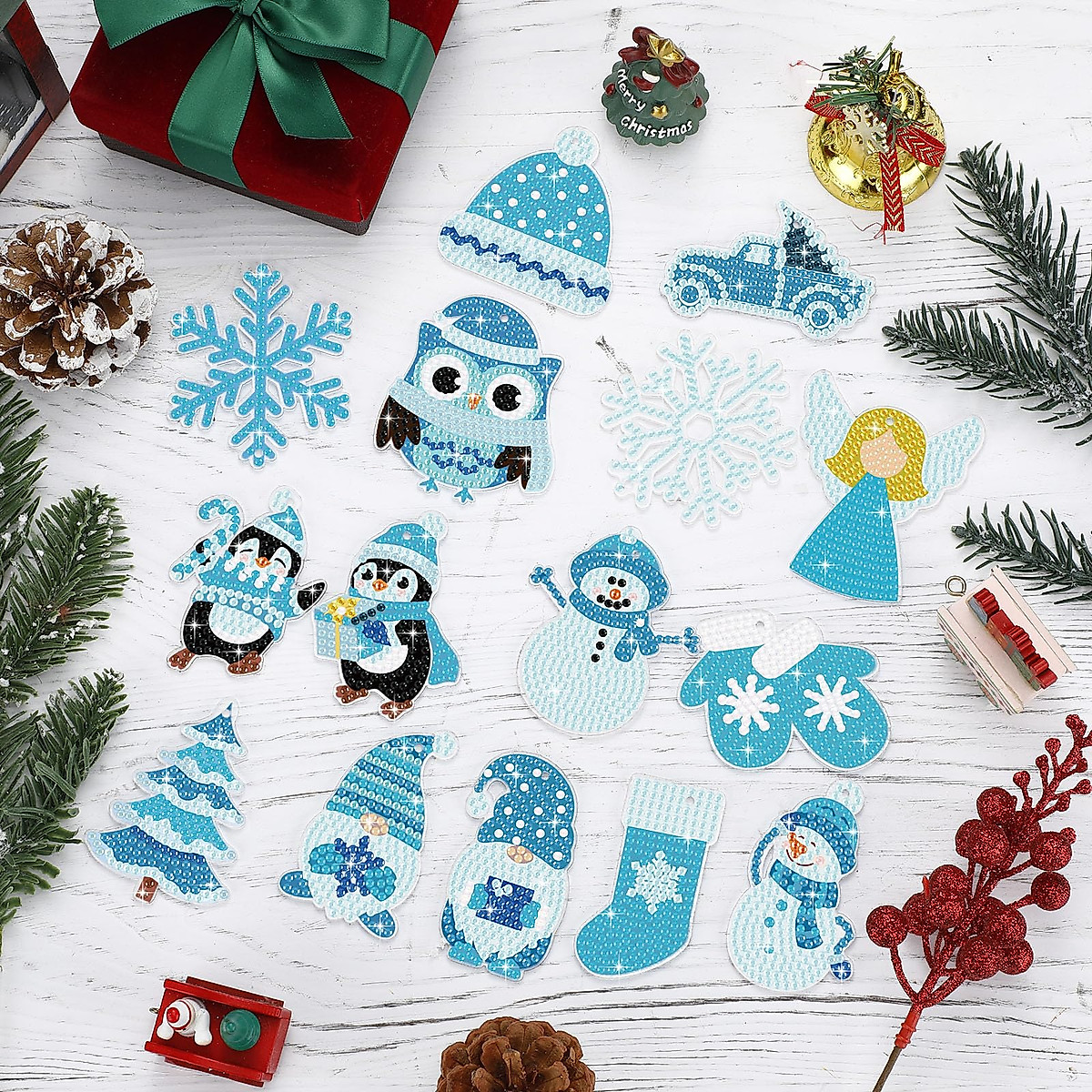 Yuxung 15 Pcs Christmas Diamond DIY Keychain 5D DIY Xmas Diamond Art Kit Hanging Decor Ornament Double Side Diamond Art Christmas Ornament for Art Christmas Craft(Cute)